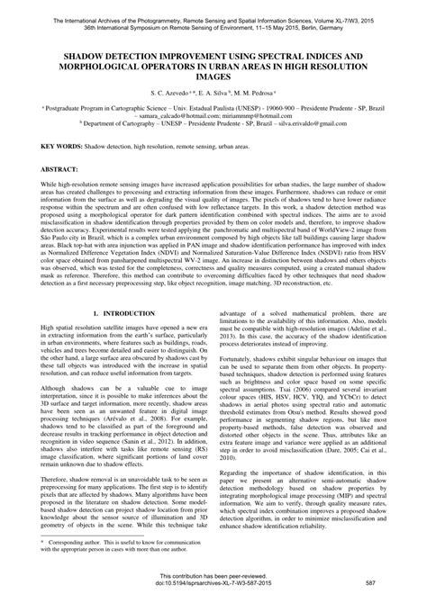 Pdf Shadow Detection Improvement Using Spectral Indices And
