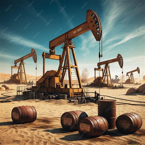 Oil Drilling Derricks At Desert Oilfield Crude Oil Production From The
