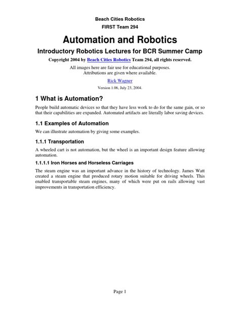 Automation And Robotics Introductory Robotics Lectures For Bcr Summer Camp Pdf Technology