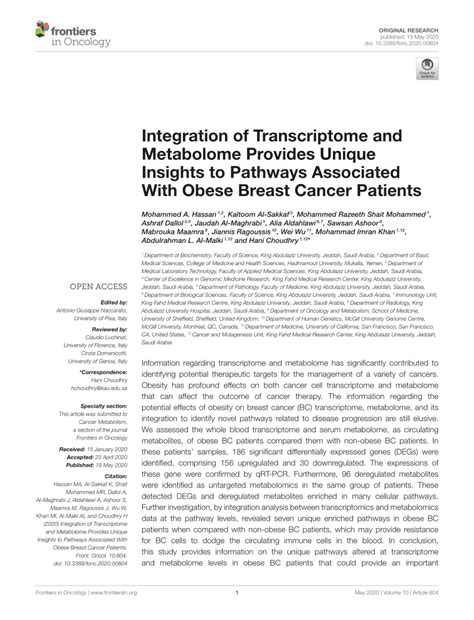 Pdf Integration Of Transcriptome And Metabolome Provides Unique