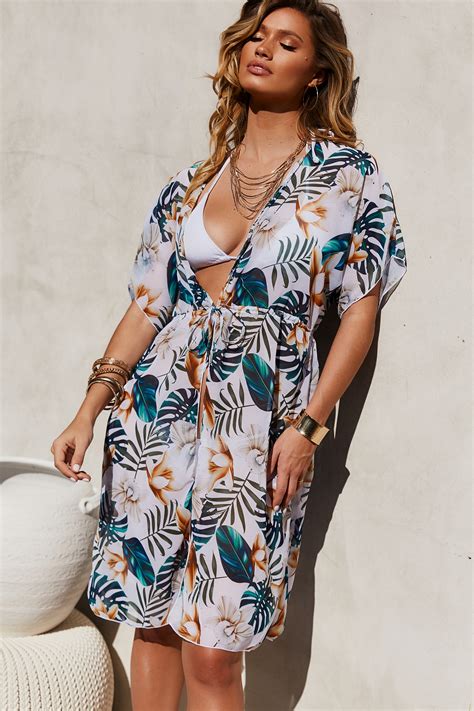 Pull Over Coverups White Tropical Beach Cover Up W Drawstring Waist