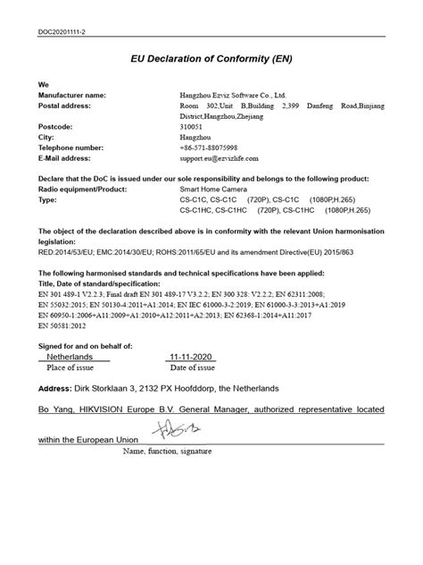 Ec Declaration Of Cs C1c Cs C1c 720p Cs C1c 1080p H 265 Cs