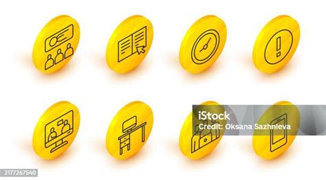 회선 휴대 전화 온라인 수업 컴퓨터 모니터 및 책상 교육 정보 시계 도서 및 교육 프레젠테이션 아이콘을 설정합니다 벡터 3차원 형태에 대한 스톡 벡터 아트 및 기타 이미지