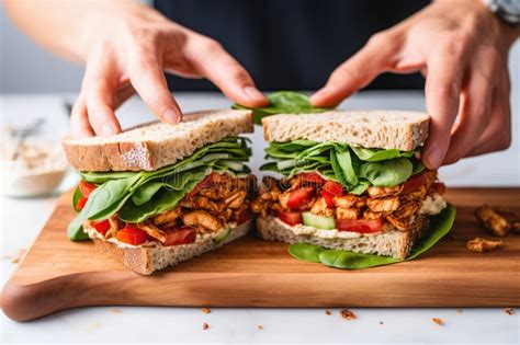 Human Hands Assembling A Tempeh Sandwich Stock Image Image Of Cooking