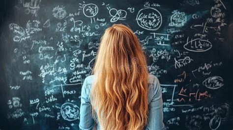 Woman Facing Complex Equations On A Blackboard Stock Illustration