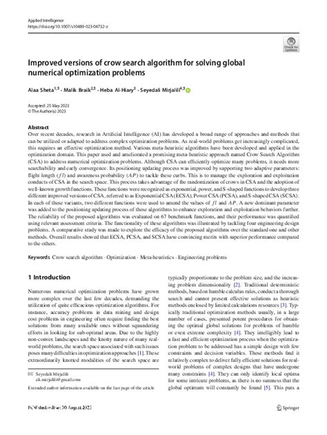 Pdf Improved Versions Of Crow Search Algorithm For Solving Global Numerical Optimization Problems