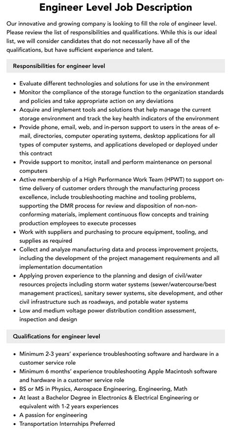 Engineer Level Job Description Velvet Jobs