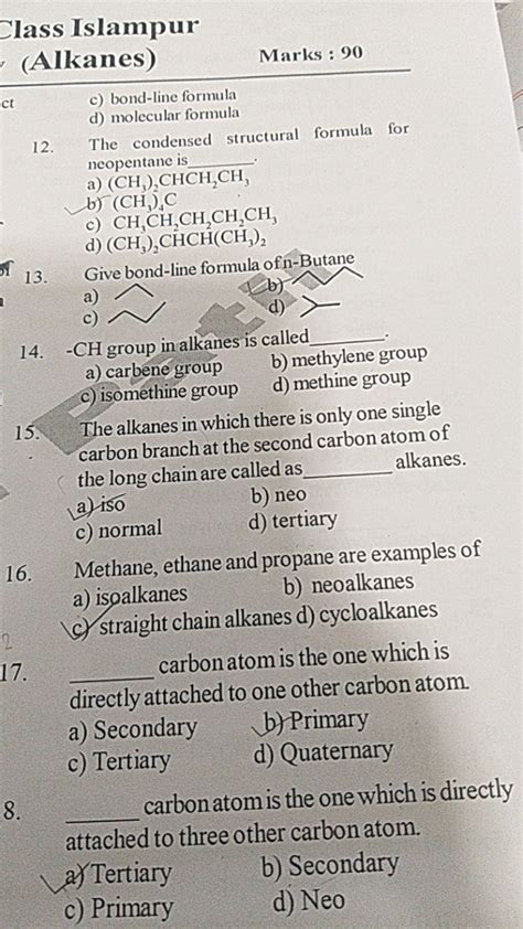 The Condensed Structural Formula For Neopentane Is A Ch₃₂chch₂ch₃ B