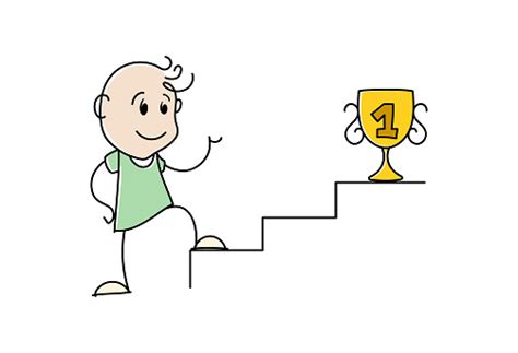 사다리와 잔 앞에 서있는 웃는 막대기 성공이나 승리 컵으로가는 길에 장애물을 극복하고 상 상 트로피 또는 보상을 받는 만화 남자 성장 기회 개념 계획에 대한 스톡 벡터 아트