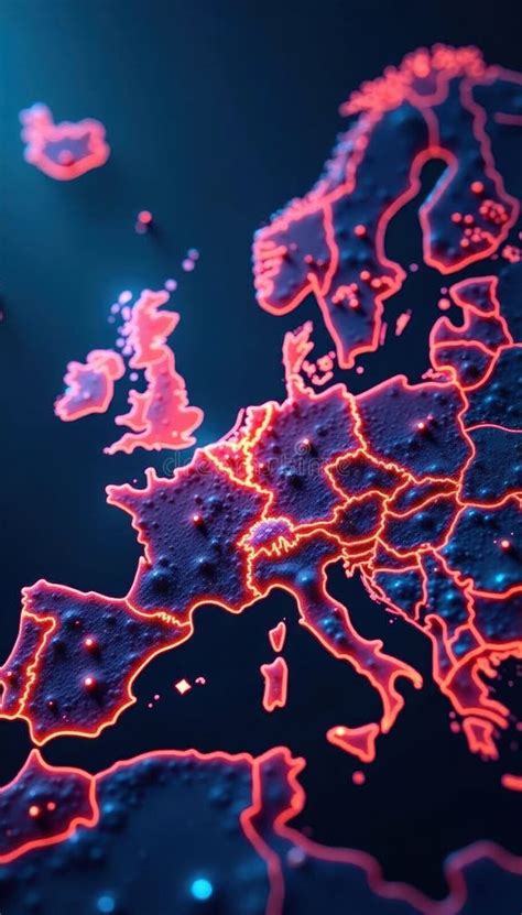 Close Up Of Fiber Optic Cables Connecting Across A Map Of Europe Data Servers Stock