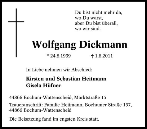 Traueranzeigen Von Wolfgang Dickmann Trauer In Nrwde