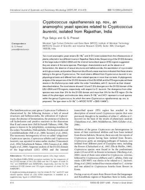 Pdf Cryptococcus Rajasthanensis Sp Nov An Anamorphic Yeast Species