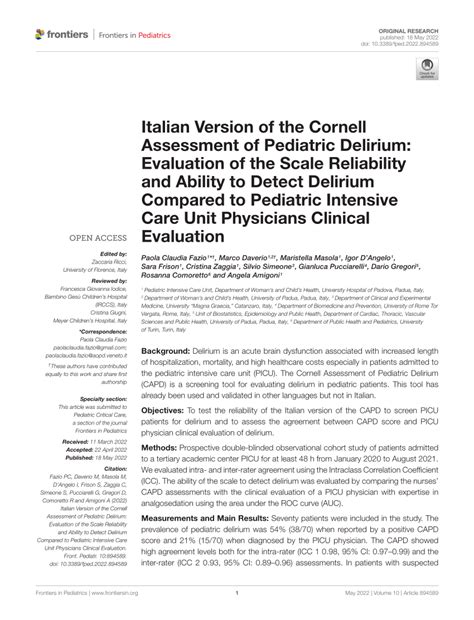 Pdf Italian Version Of The Cornell Assessment Of Pediatric Delirium