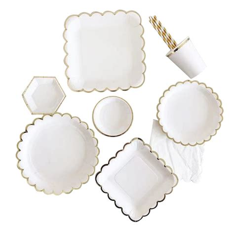 White Gold Party Tableware Disposable Paper Plates Cups Napkins Cutlery