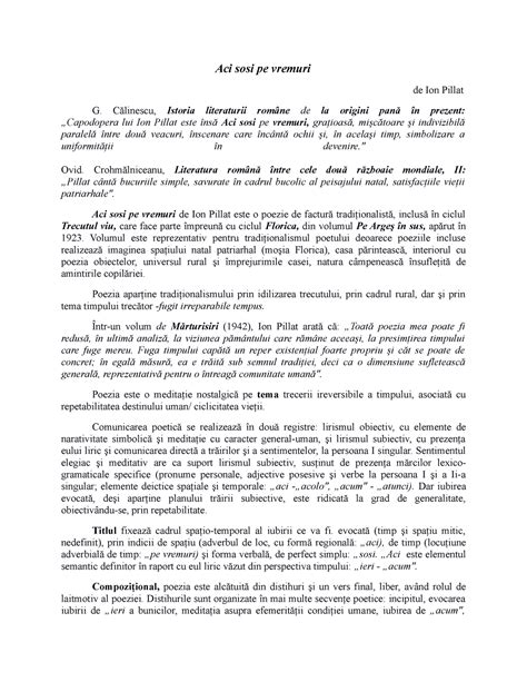 Aci Sosi Pe Vremuri De Ion Pillat Aci Sosi Pe Vremuri De Ion Pillat G Călinescu Istoria