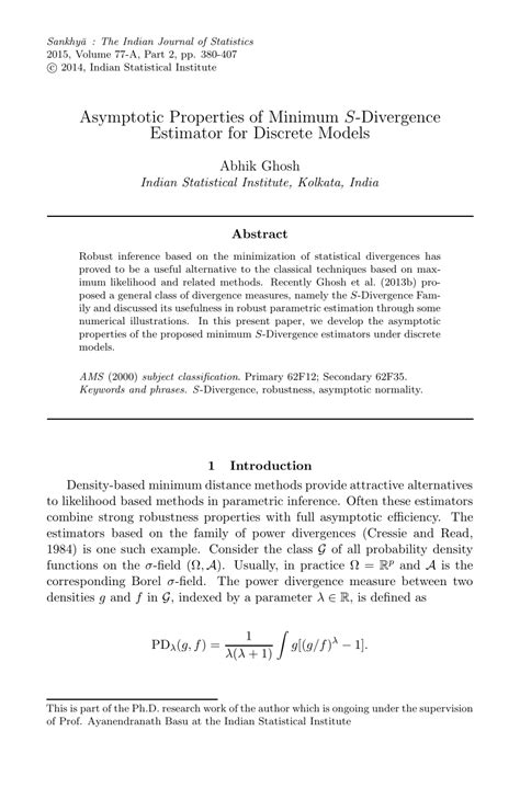 Pdf Asymptotic Properties Of Minimum S Divergence Estimator For Discrete Models