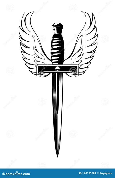 Winged Dagger Black And White Illustration Of A Dagger With Wings On A White Background Cartoon