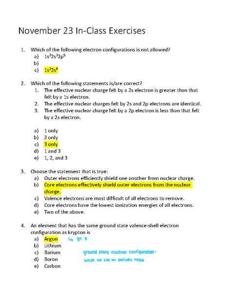 November 23 Chem 101 In Class Exercises On Electron Configurations