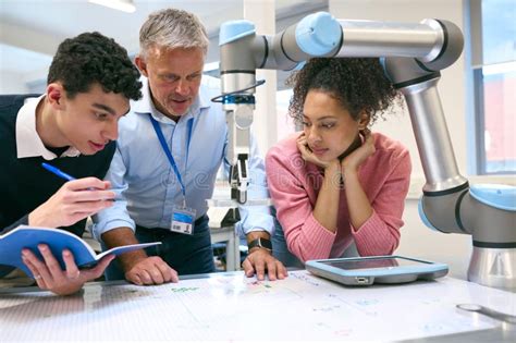 Two College Or University Engineering Students And Male Teacher In Robotics Class Studying Robot