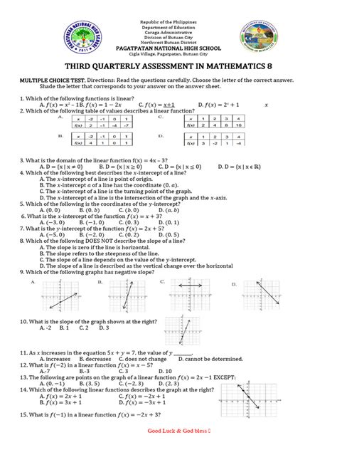 Math 8 Third Quarterly Assessment Pdf Slope Function Mathematics