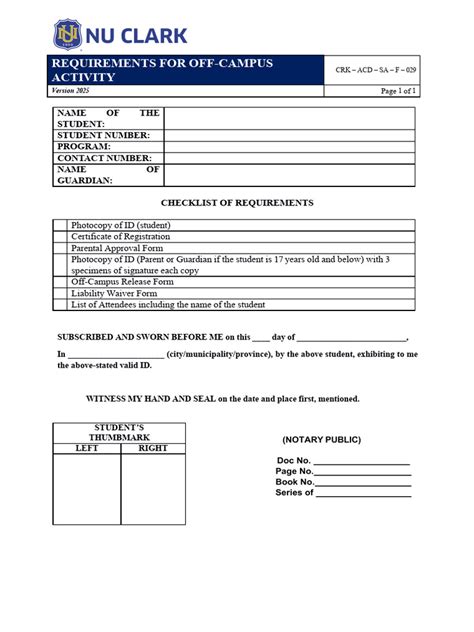 Crk Acd Sa F 029 Checklist Of Requirements For Off Campus Activity Pdf