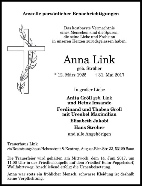 Traueranzeigen Von Anna Link Ga Trauer De
