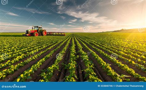 Sprawling Agricultural Farm With Fields Of Crops Tractors By