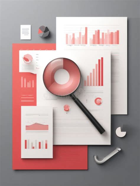 Financial Report Layout With Charts And Magnifier On Gray Background