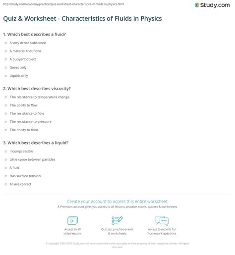 Quiz And Worksheet Characteristics Of Fluids In Physics