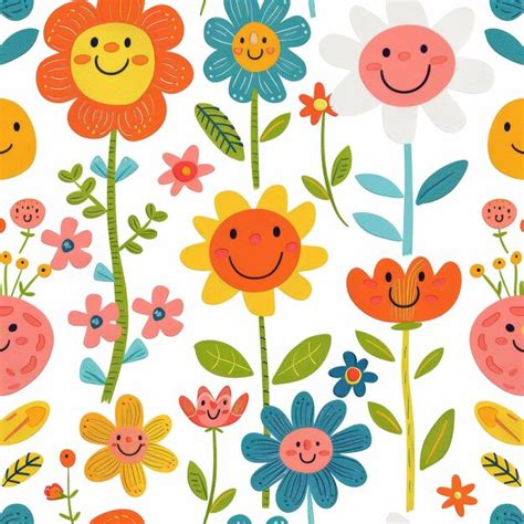 Premium Photo A Colorful Flower Pattern With Cartoon Faces On Them