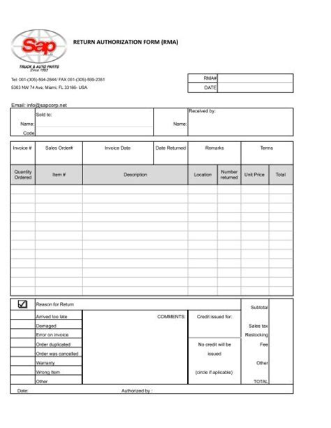 Return Authorization Form Rma