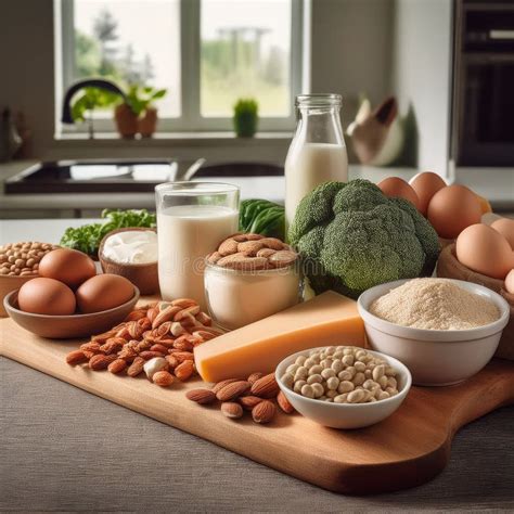 Selection Of Protein Sources In Kitchen Background Closeup Stock