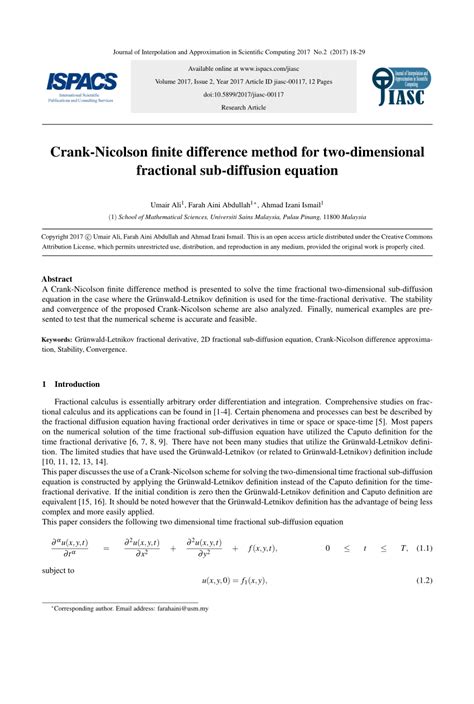 Pdf Crank Nicolson Finite Difference Method For Two Dimensional Fractional Sub Diffusion Equation