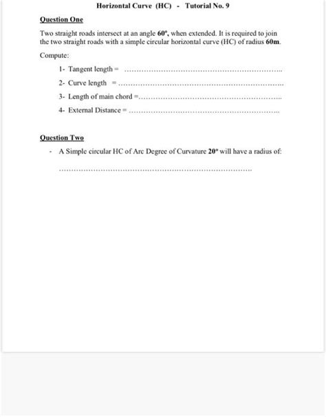 Solved Horizontal Curve HC Tutorial No Question One Chegg