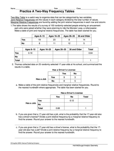 Two Way Frequency Tables Worksheet Pdf Adriansonfifth