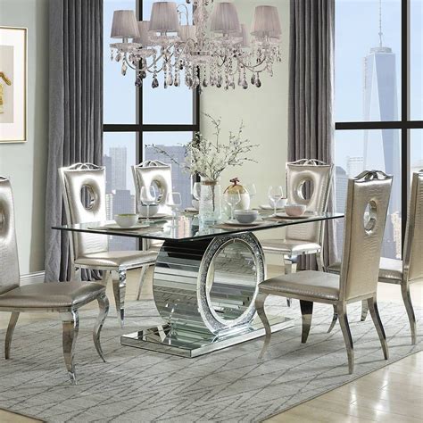 38 Noralie Dining Table Mirrored Faux Diamonds Acme Furniture