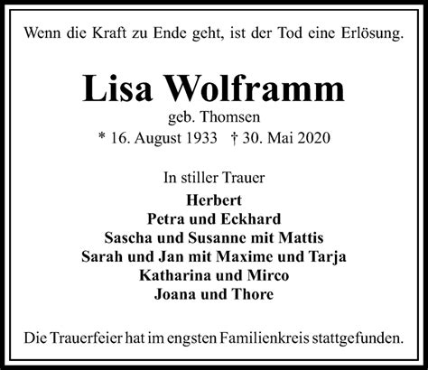 Traueranzeigen Von Lisa Wolframm Trauer Anzeigen De