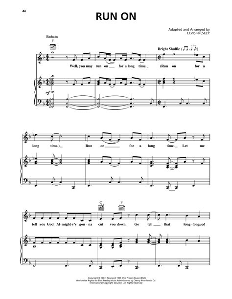 Download Run On Elvis Presley Piano Vocal And Guitar Sheet Music Pdf