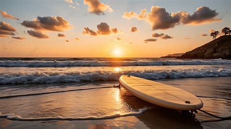 Silhouette Of Surfboard Under The Sunset By The Sea Background Seaside