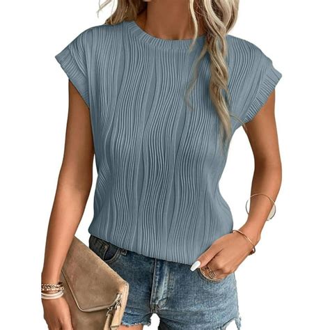 Moshu Textured Womens Tops Casual Crewneck Basic Tee Shirts Cap Sleeve