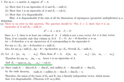 linear algebra eigevectors of an idempotent matrix a 2 a [strang