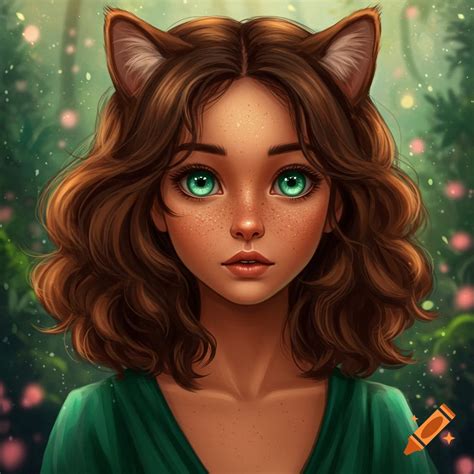 Girl With Brown Hair Green Eyes Freckles Tanned Skin And Catlike