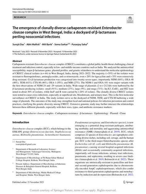 The Emergence Of Clonally Diverse Carbapenem Resistant Enterobacter Cloacae Complex In West