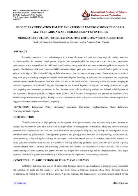 Pdf Secondary Education Policy And Curriculum Provisions In Nigeria