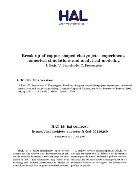 break up of copper shaped charge jets experiment numerical