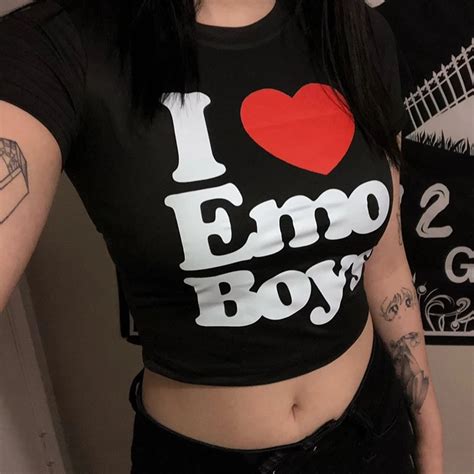 Harajuku Gótico Y2k Topos Eu Amo Emo Menino Impressão Camisetas Femininas Sexy Camiseta Vintage