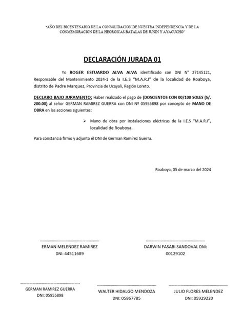 4 Declaracion Jurada Manos De Obra Pdf