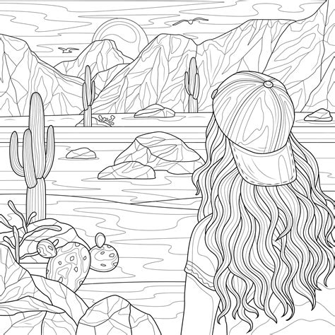 사막을 바라보는 소녀어린이와 성인을 위한 색칠 공부 책 안티 스트레스 프리미엄 벡터