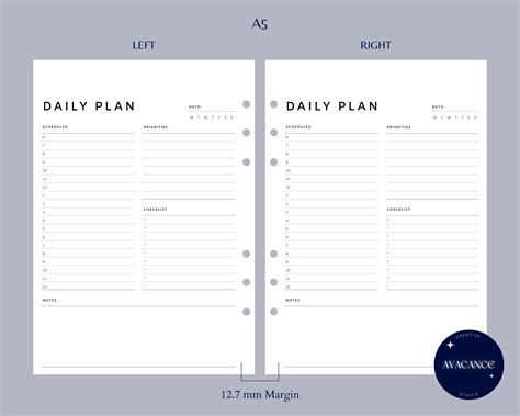 Daily Planner A5 Undated Printable Insert Minimal Layout Template