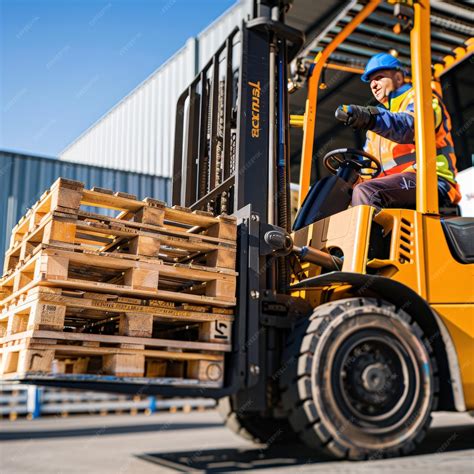 A Worker Operates A Forklift To Move Stacked Pallets In A Warehouse